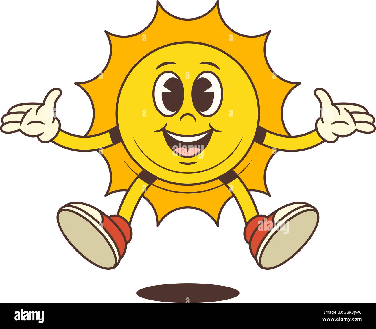 Vintage cartoon sun mascot joyfully jumping up with arms spread wide ...