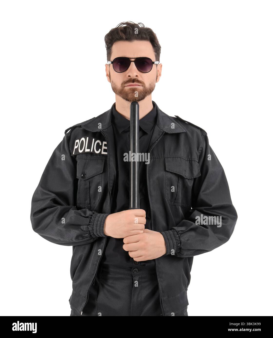 Male police officer with baton isolated on white background Stock Photo ...