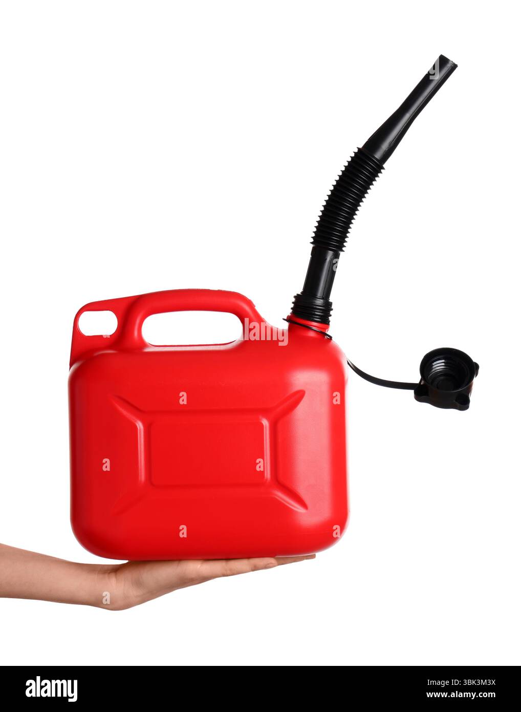 Female hand holding canister with rubber nozzle on white background ...
