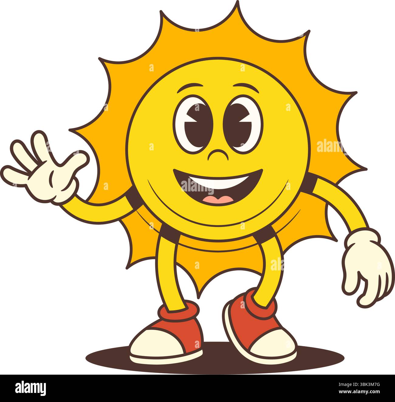 Sun mascot walking forward and waving a friendly greeting hand gesture ...