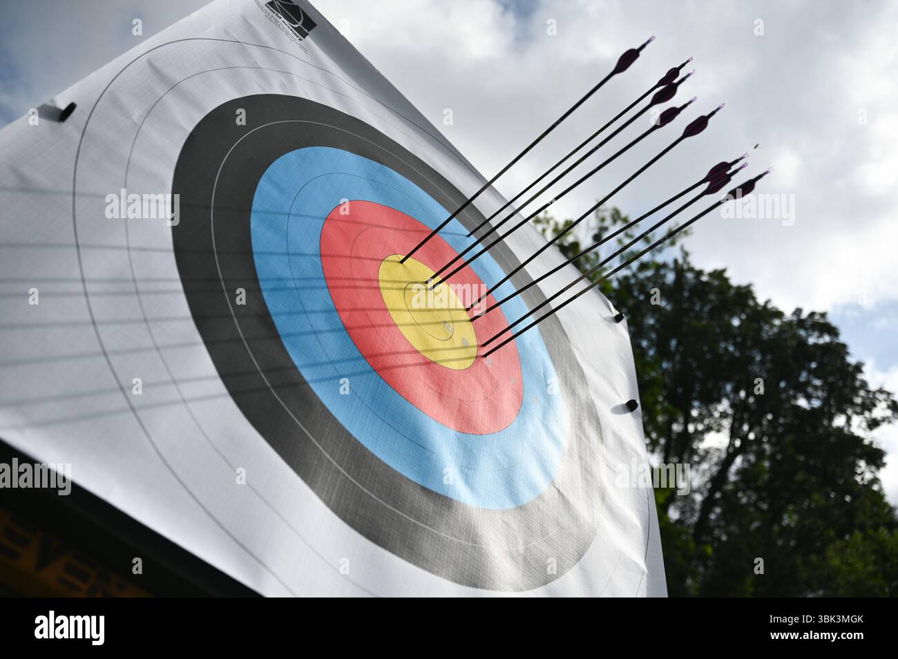 Arrows are stuck in a target at an archery ground at the Strilnytsia ...