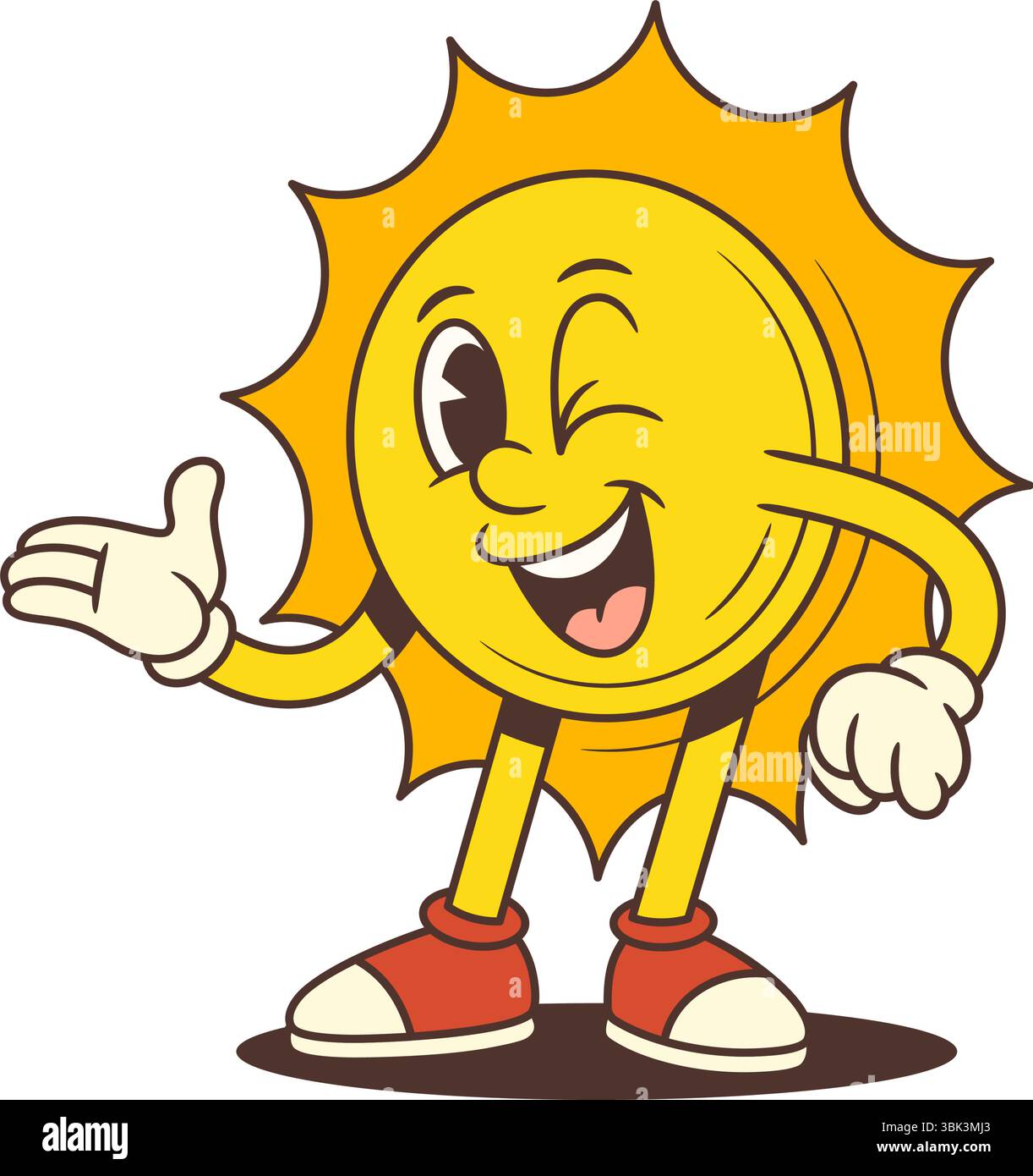 Sun mascot winking while making an inviting hand gesture. Ideal for ...