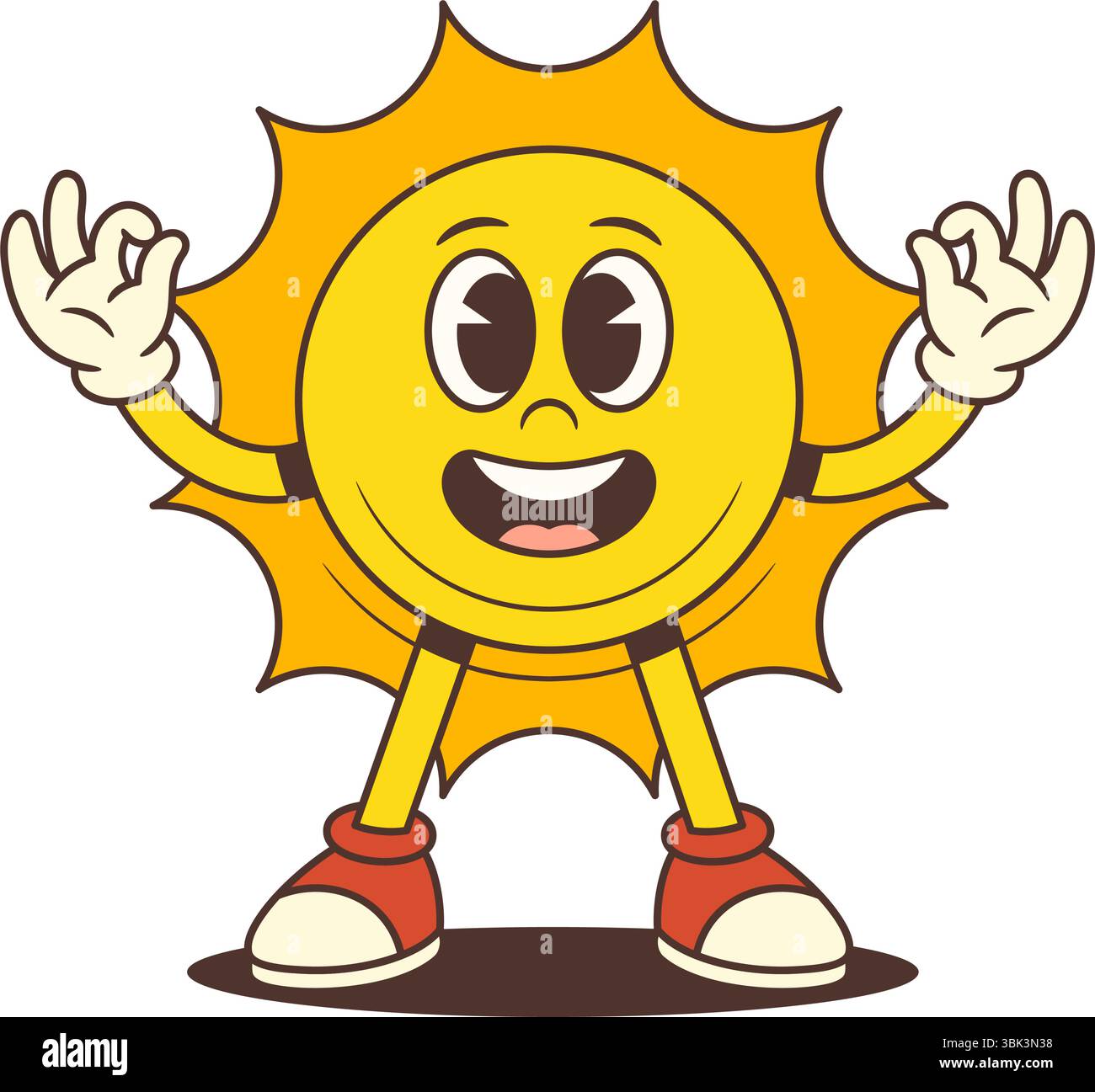 Smiling sun mascot standing with wide legs and arms raised showing OK ...