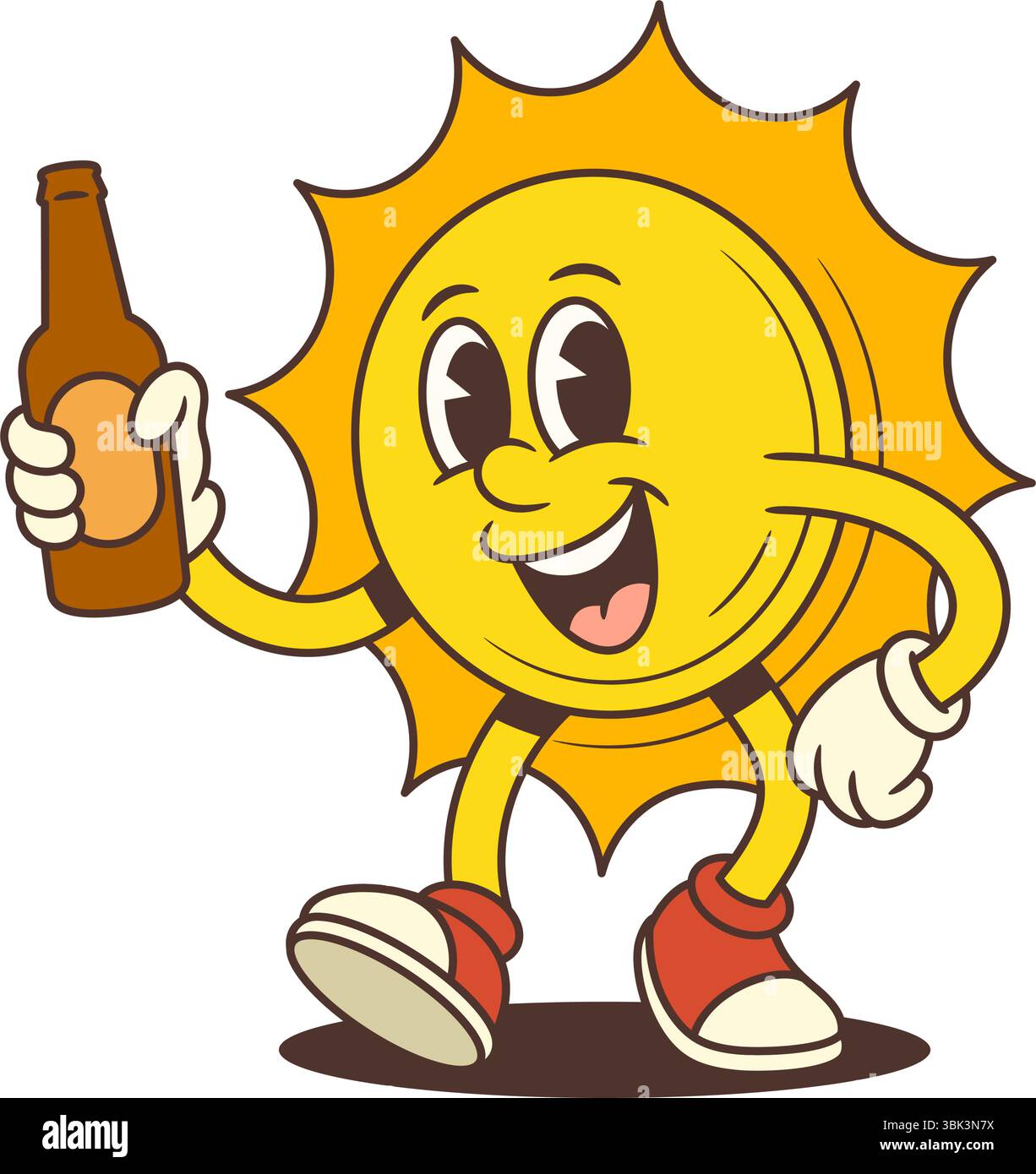 Cartoon sun mascot smiling widely while walking and holding a beer ...