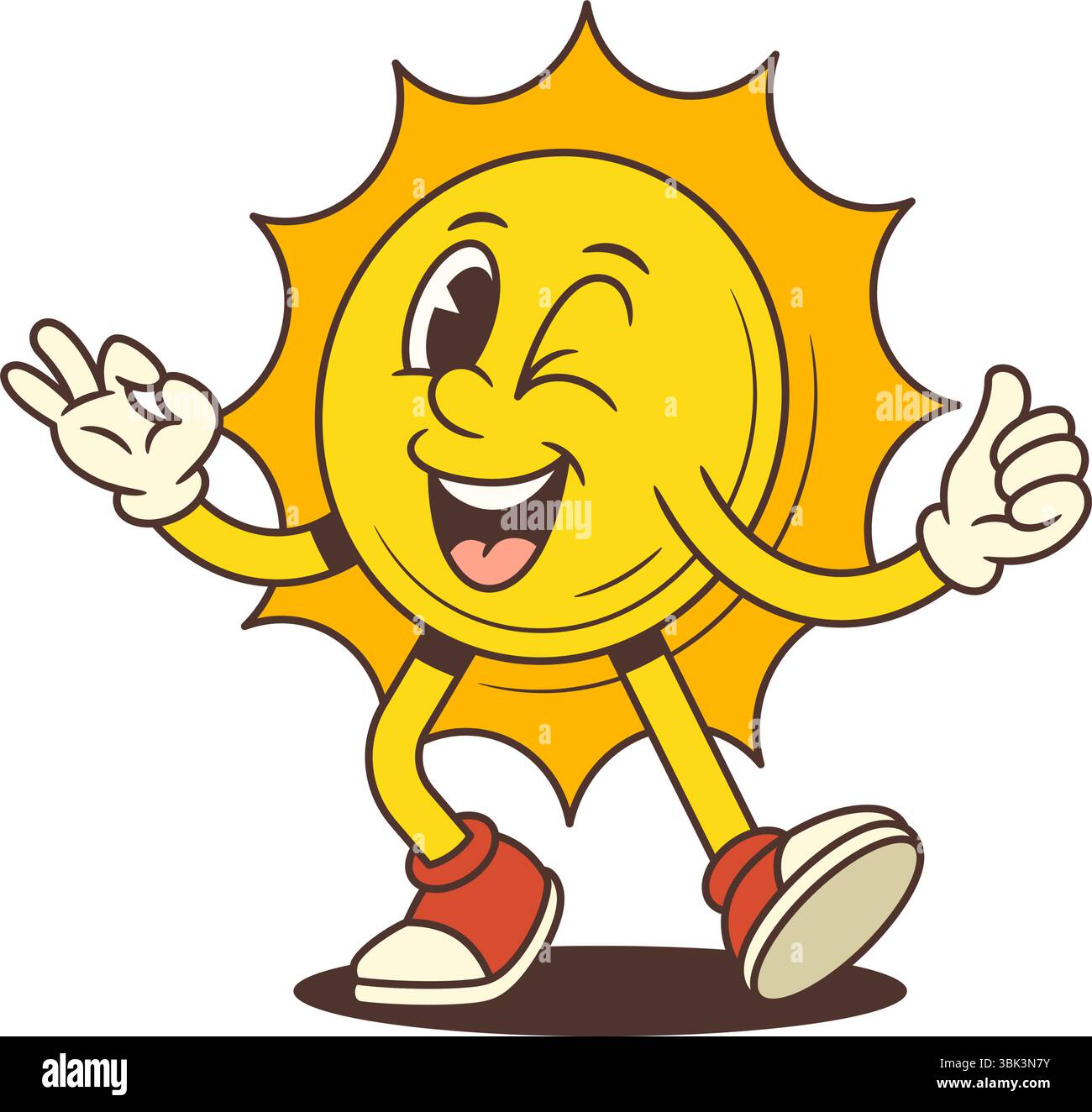 Smiling cartoon sun mascot dancing with joy, winking and making an OK ...