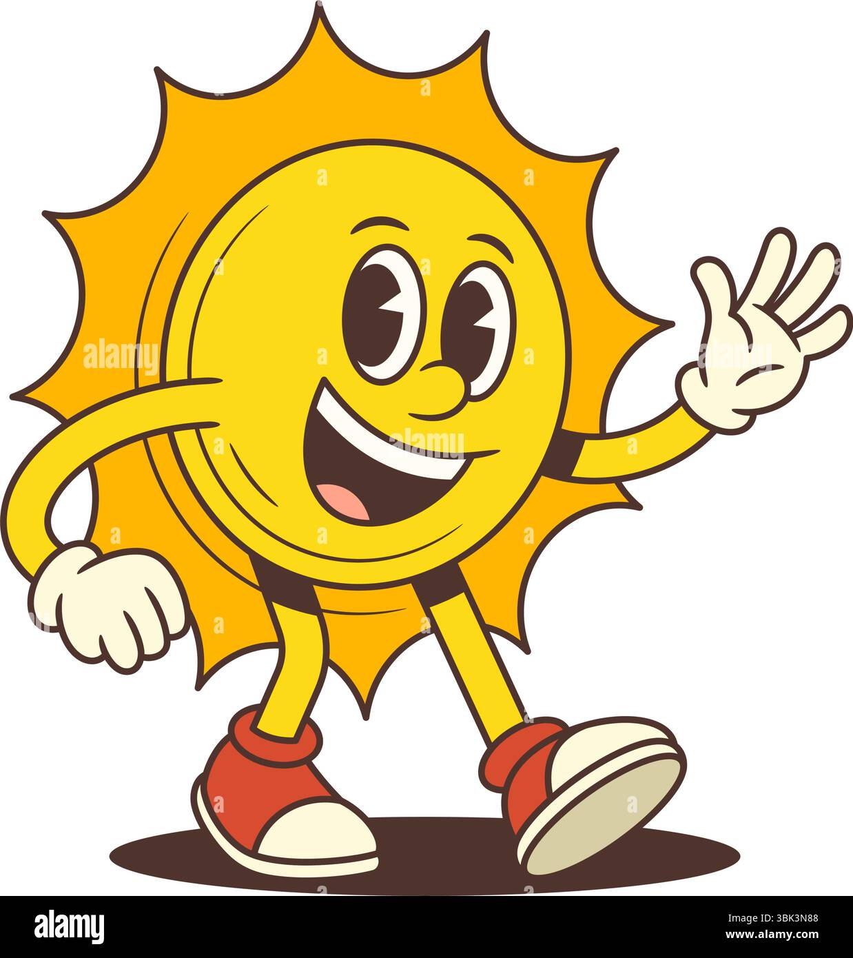 Sun mascot walking forward with a big smile and waving hand, wearing ...