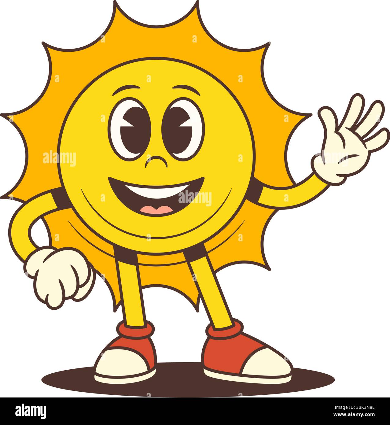 Cheerful cartoon sun character with classic gloves and sneakers waving ...