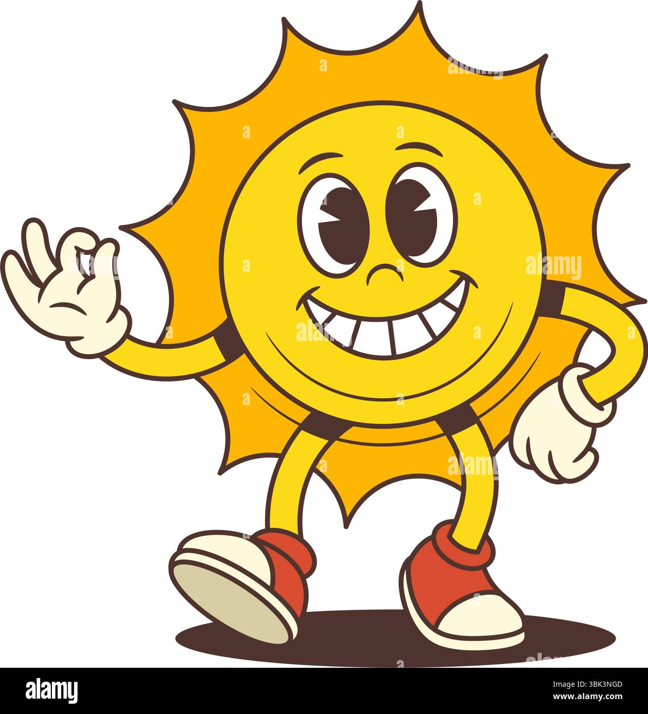 Smiling sun mascot in vintage cartoon style walking confidently and ...
