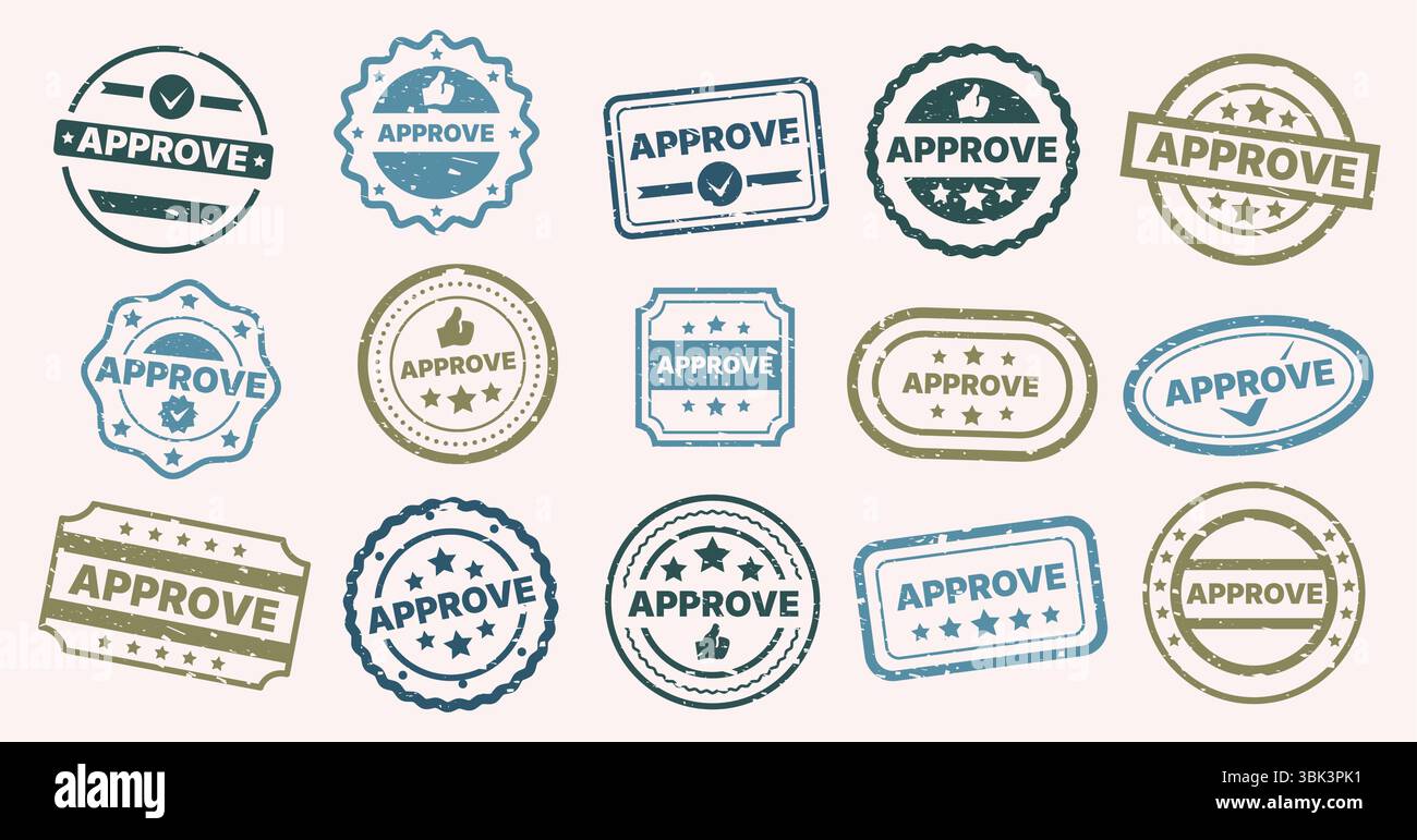 Approved stamp. Grunge texture round seal with text of acceptance and validation concept ...