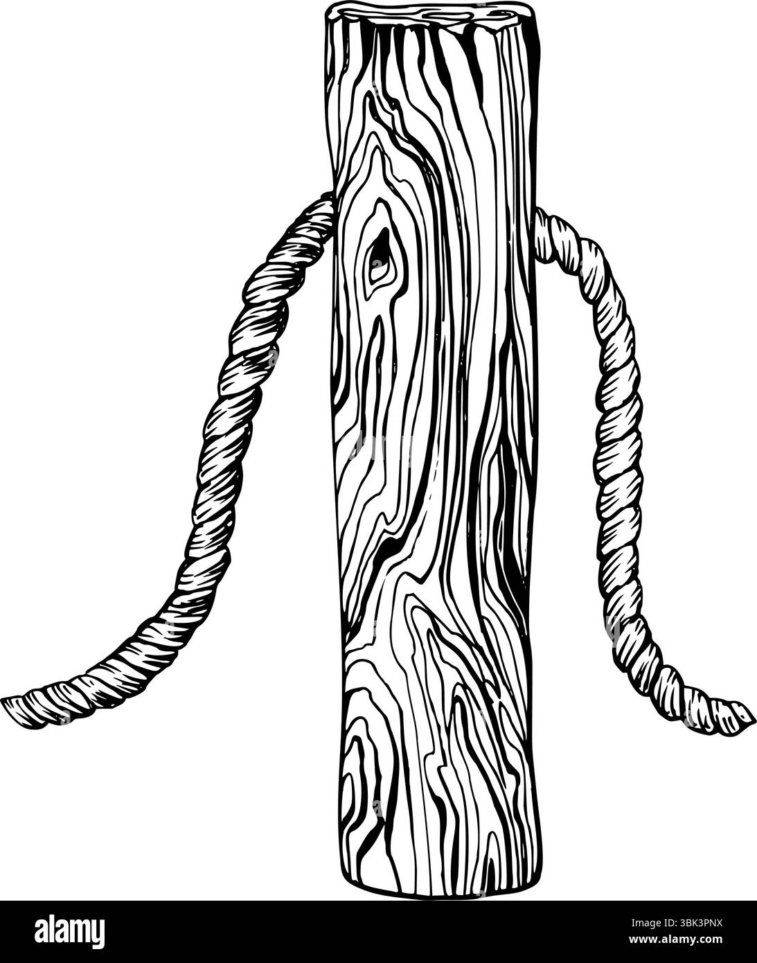 A wooden mooring post with a coiled rope. Black and white vector ...