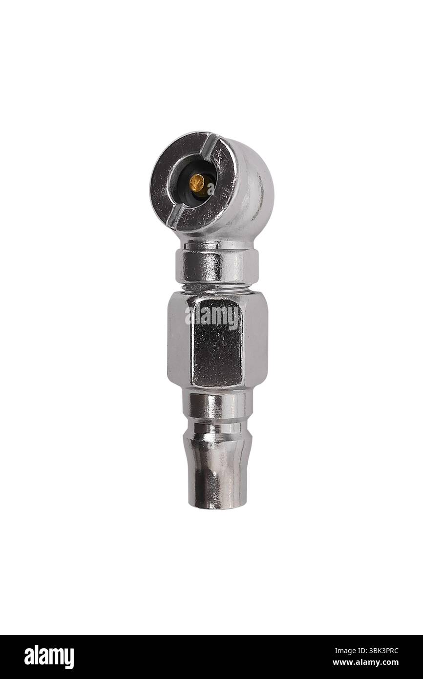Tire Inflator Adapter, A shiny, chrome tire inflator adapter with a ...
