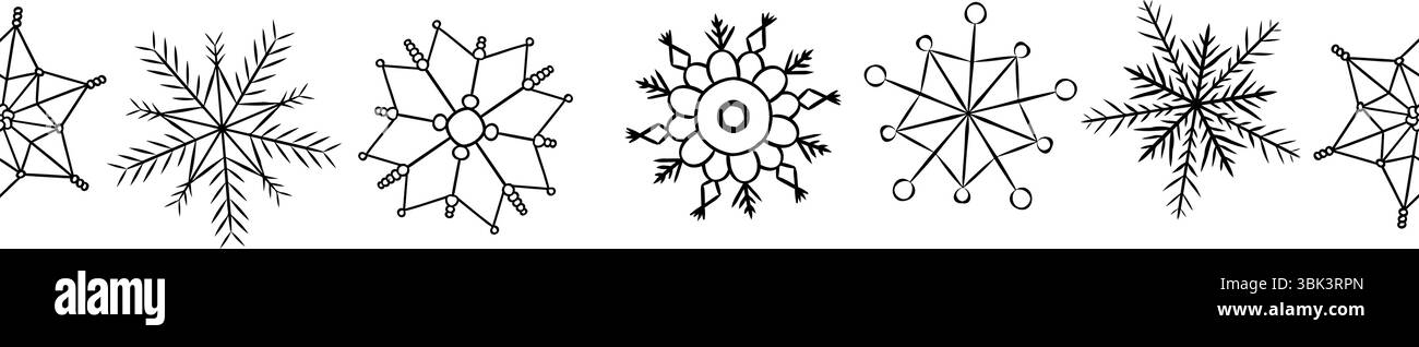 Snowflake black Seamless horizontal border. Vector graphic line ink ...