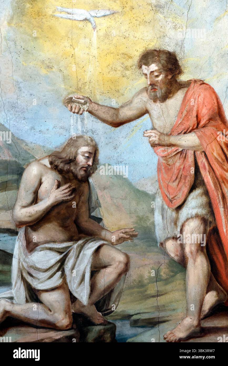Collegiate Church of Saint-Jacques le Majeur. Mural painting. The baptism of Jesus by John the ...