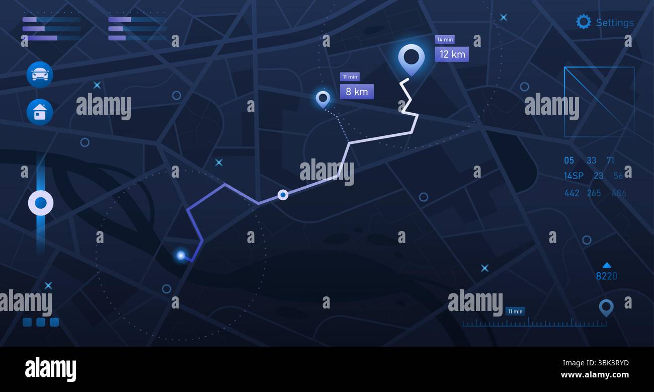 Map navigation interface. Mobile app dashboard with city map and street ...