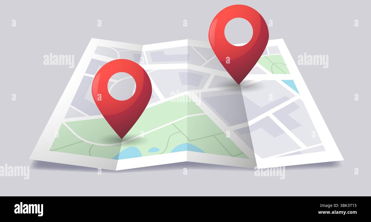 Folded city map with pin. 3D city road icon, paper tourist guide with location pointer ...