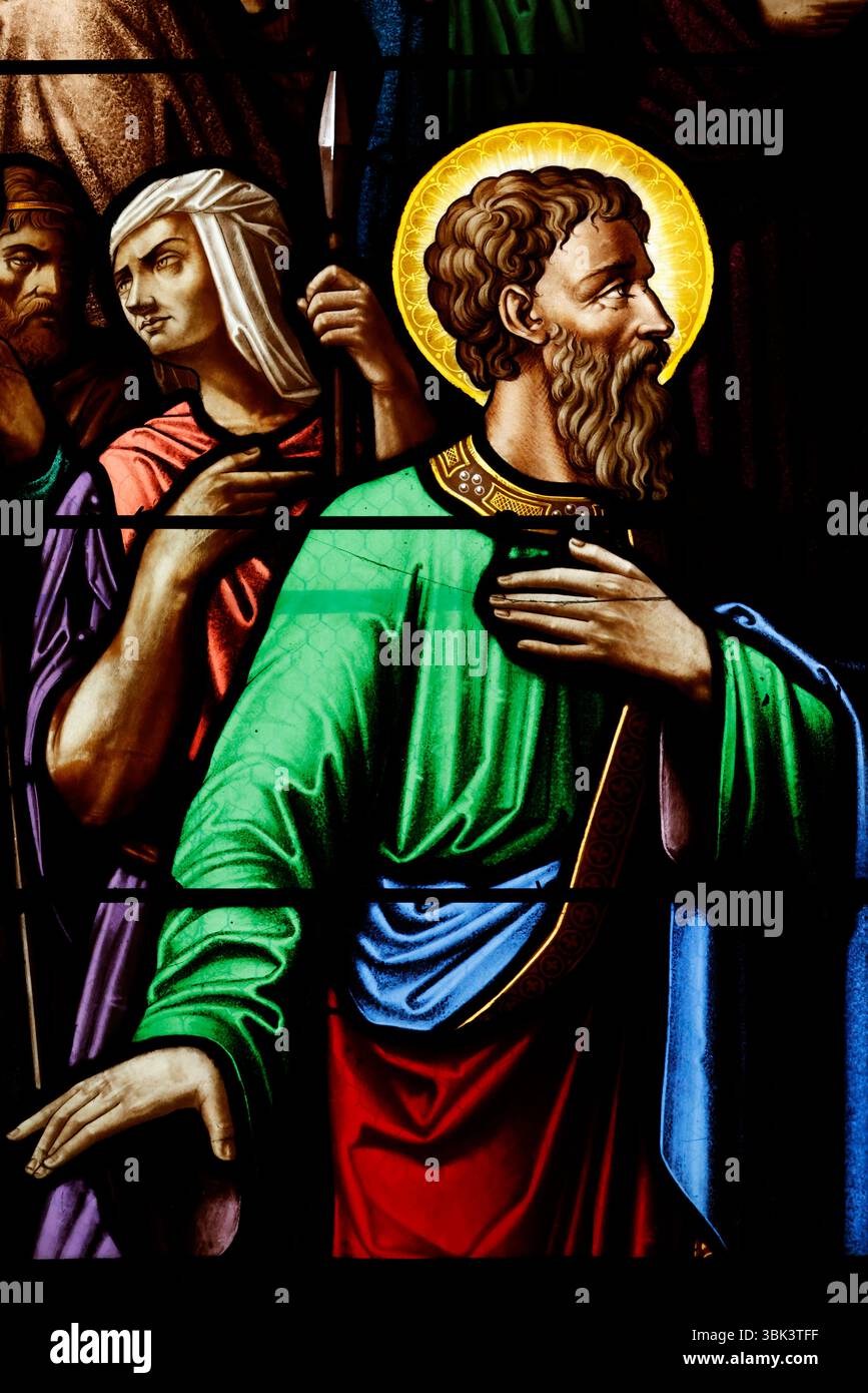 Saint Pierre church. Stained glass. Saint Paul the Apostle before his ...