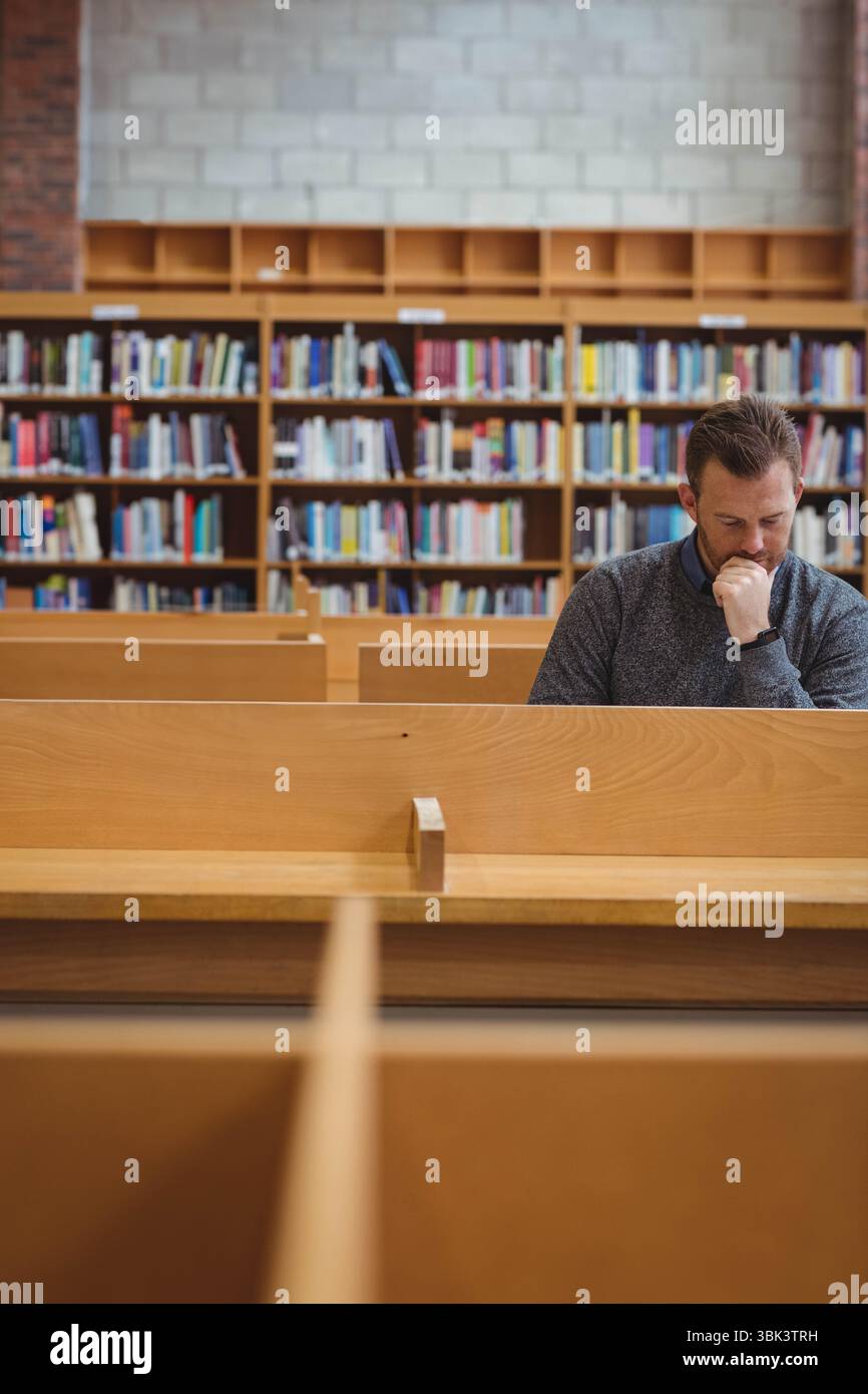Student is studying at wooden desk in quiet library, with tall ...