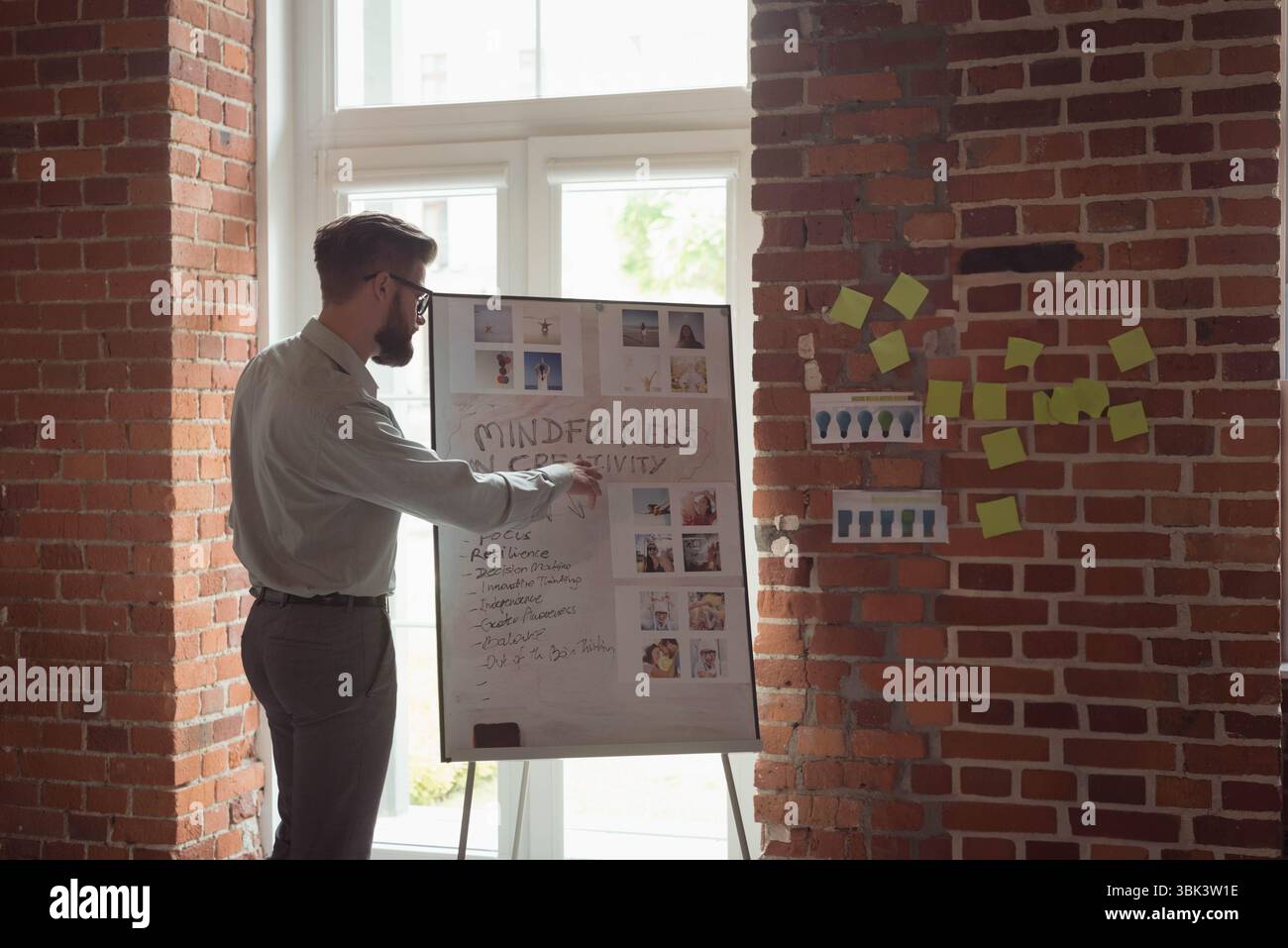 Flipchart displaying mindfulness and creativity notes against red brick ...