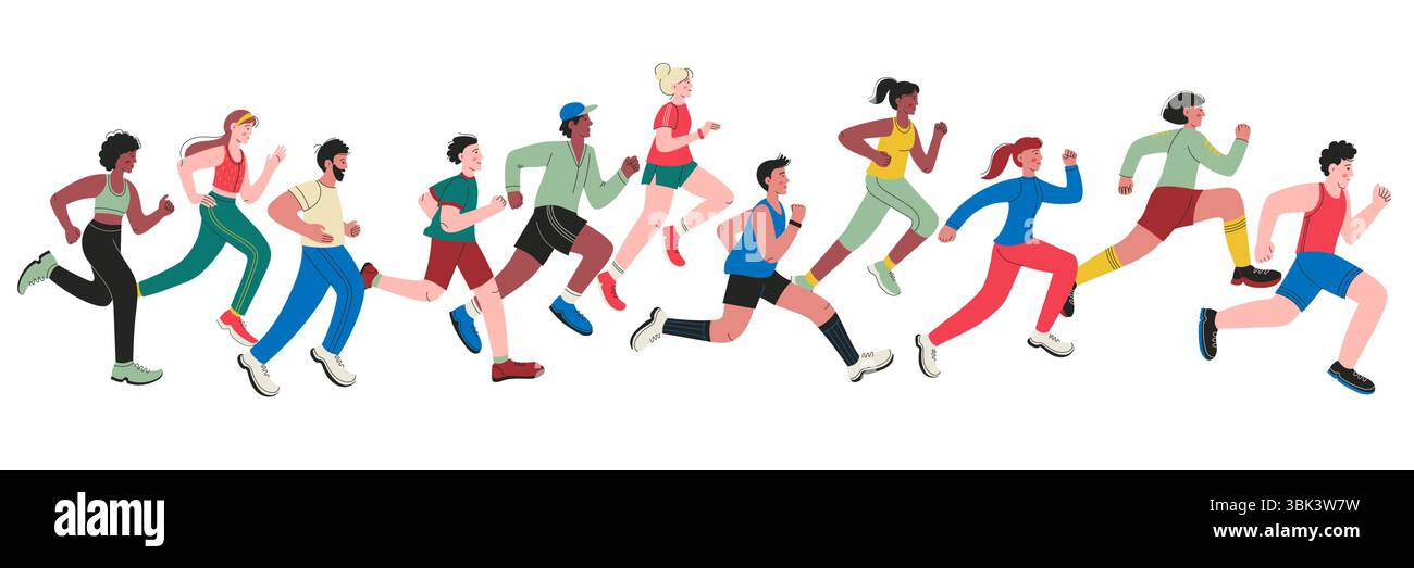 Runners. Cartoon running characters, diverse group of people jogging ...