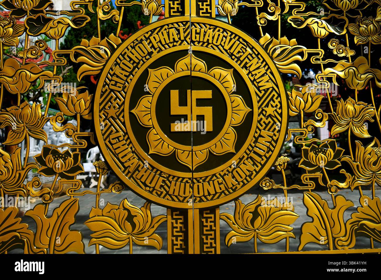 Buddhist temple. Buddhist swastika and lotus flowers. Sacred symbols ...