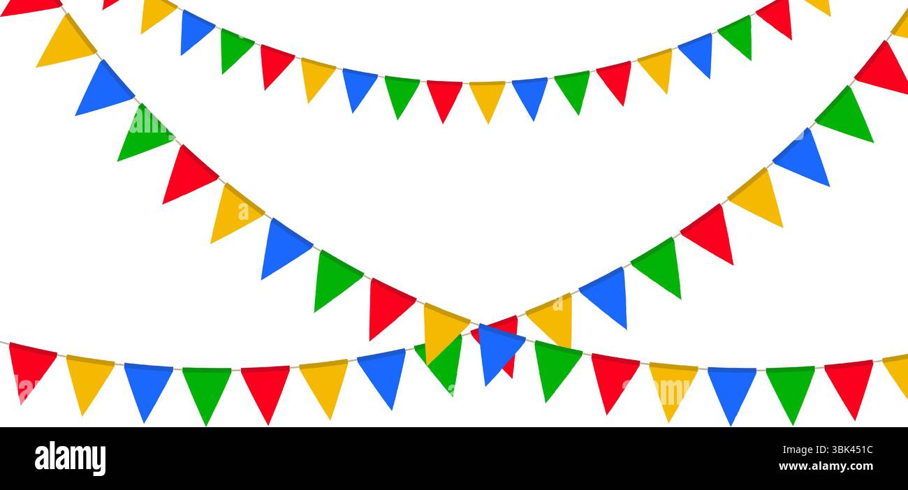 Red, green, yellow and blue flag garland. Triangle pennants chain ...