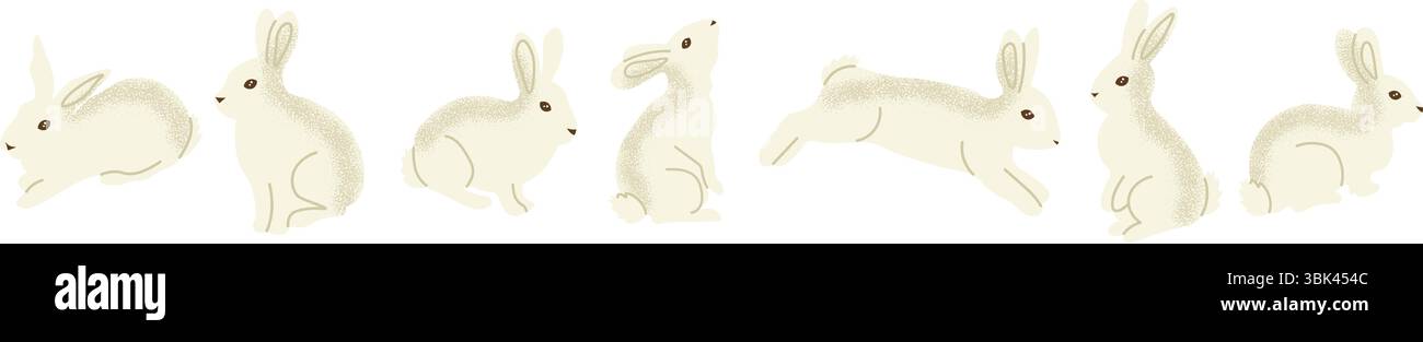 Set of cute white rabbits in different poses including sitting, jumping ...