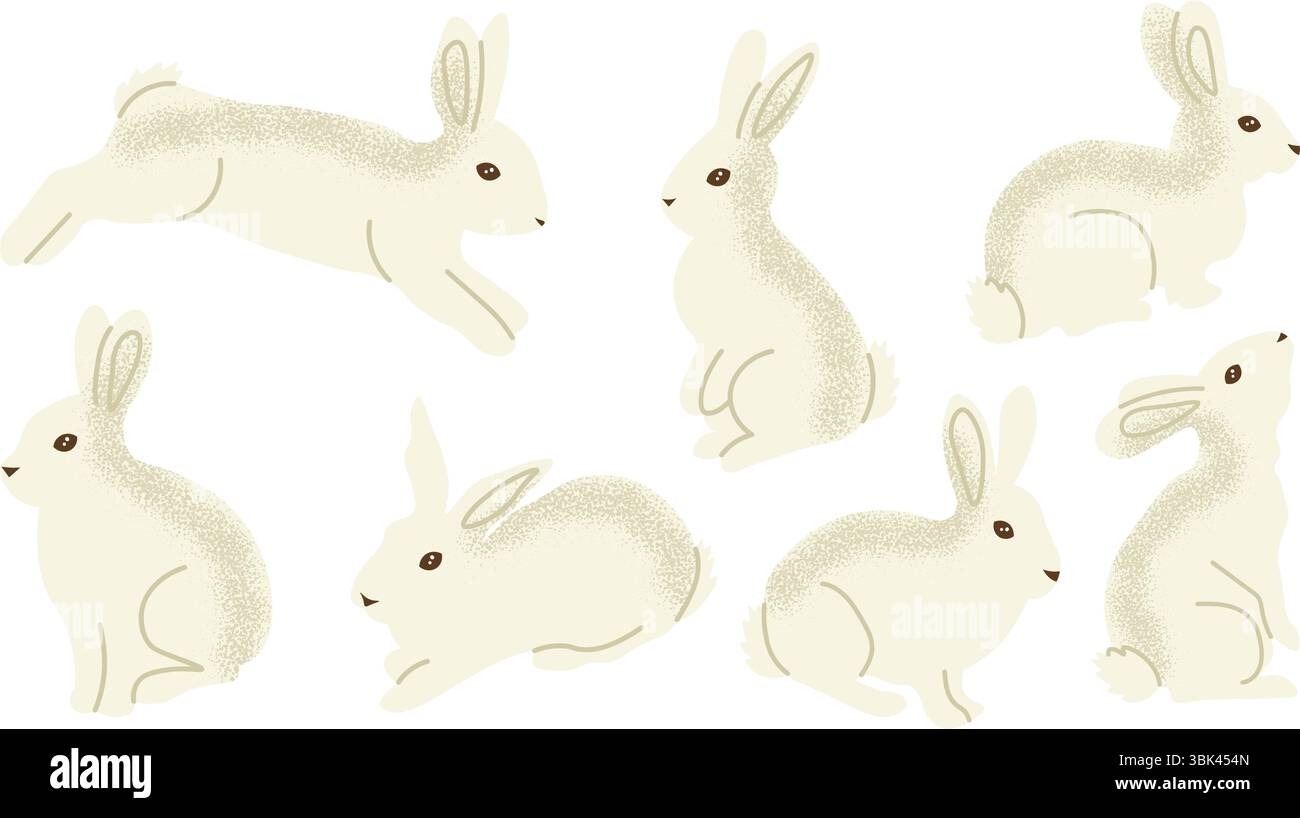 Set of cute white rabbits in different poses including sitting, jumping ...
