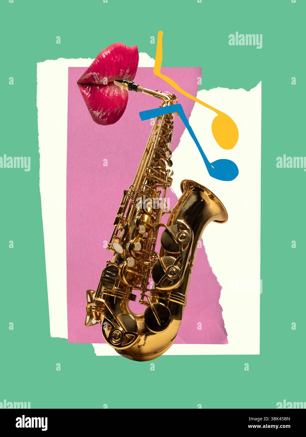 Playful surreal collage showing shiny golden saxophone played by glossy ...