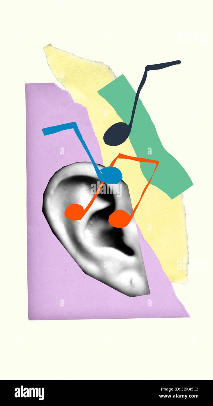 Surreal collage mixes black-and-white photo of ear with playful music ...