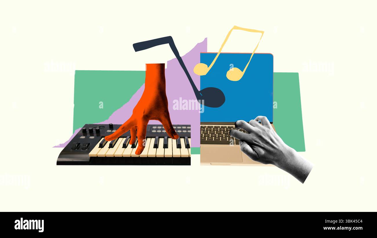 Playful cut-out collage with retro pop colors shows hand pressing ...