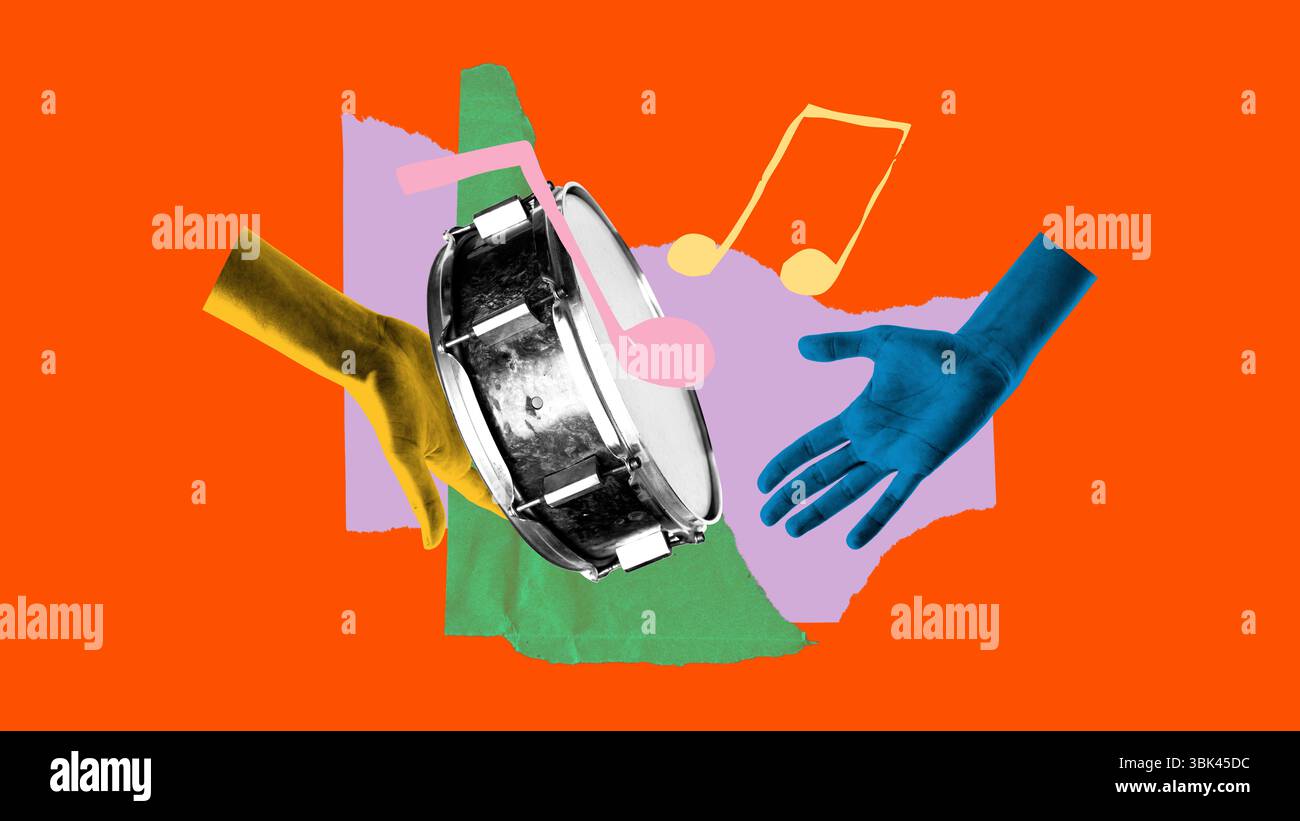 Graphic collage of snare drum and two hands, surrounded by oversized ...
