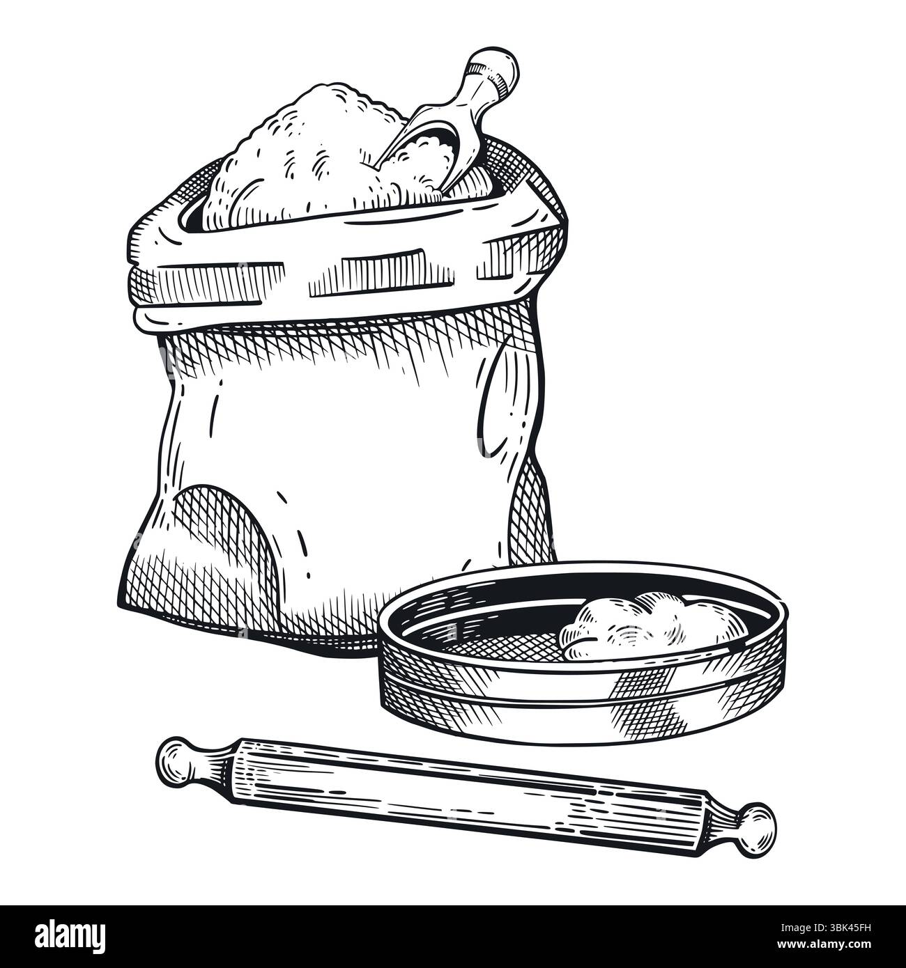 Baking, dough making process, flour bag, flour sifting sieve, rolling ...