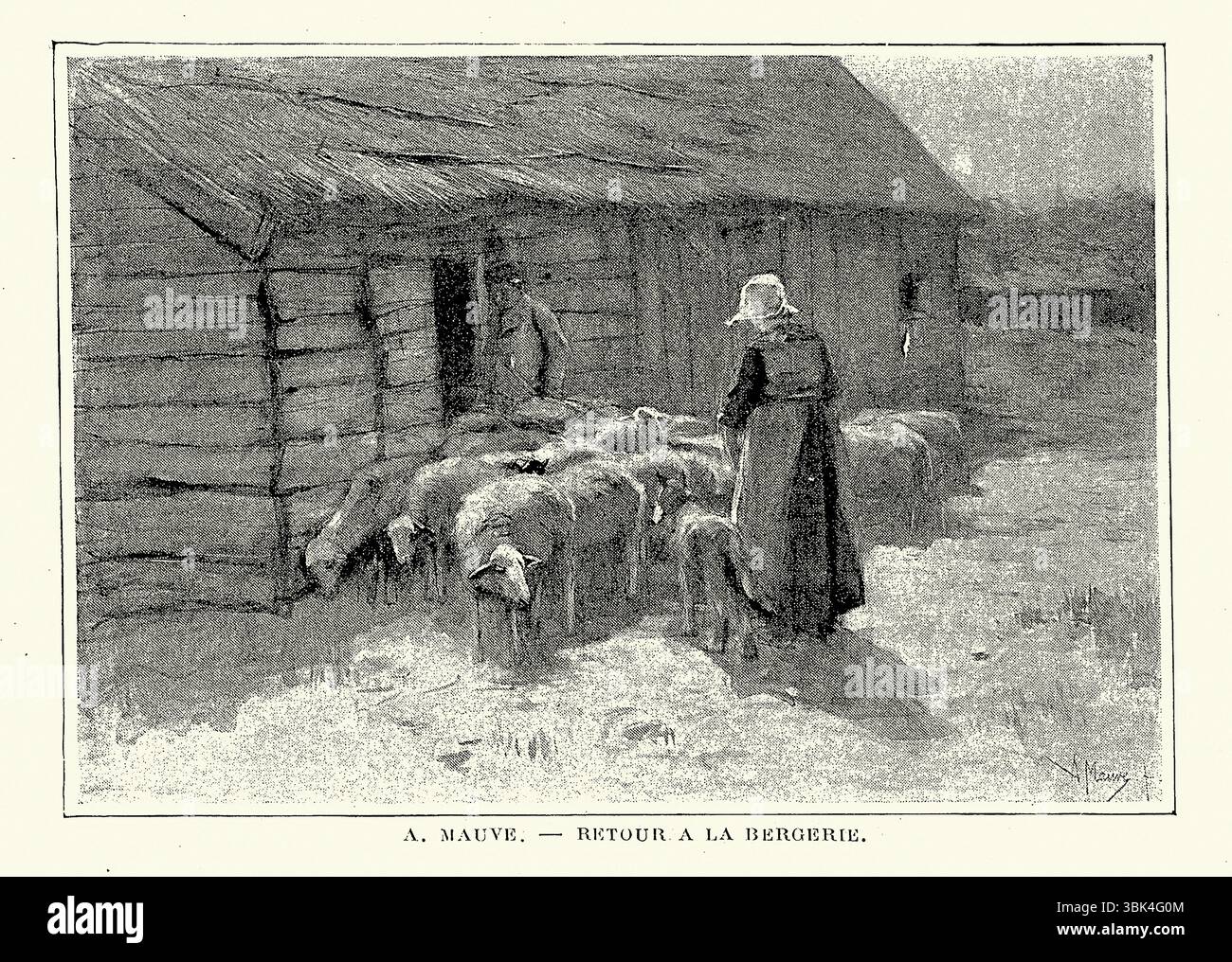 Farming, Couple bringing flock of sheep into the barm, French, Vintage ...