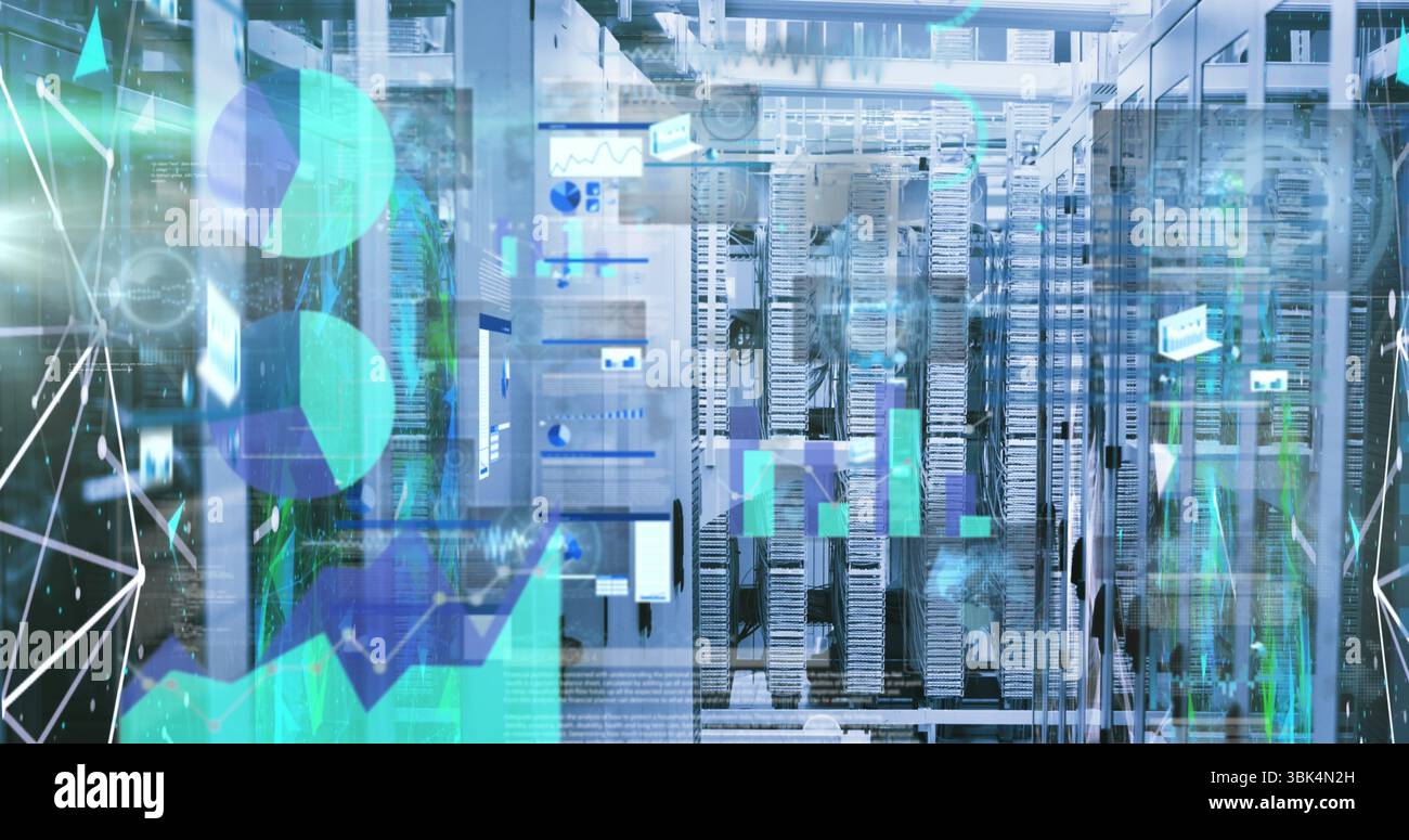 Highlighting server racks glowing with LED status lights in data center ...