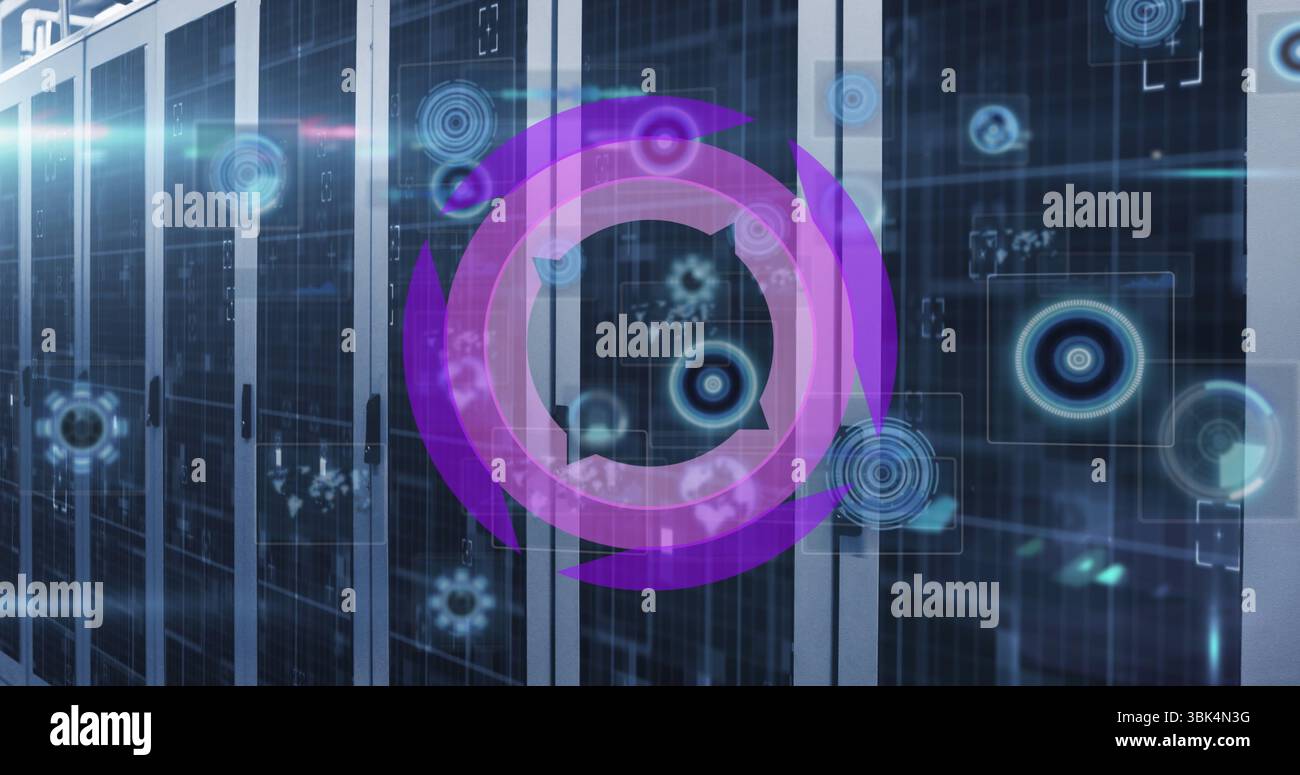Displaying server cabinet glowing with purple hologram interface in ...