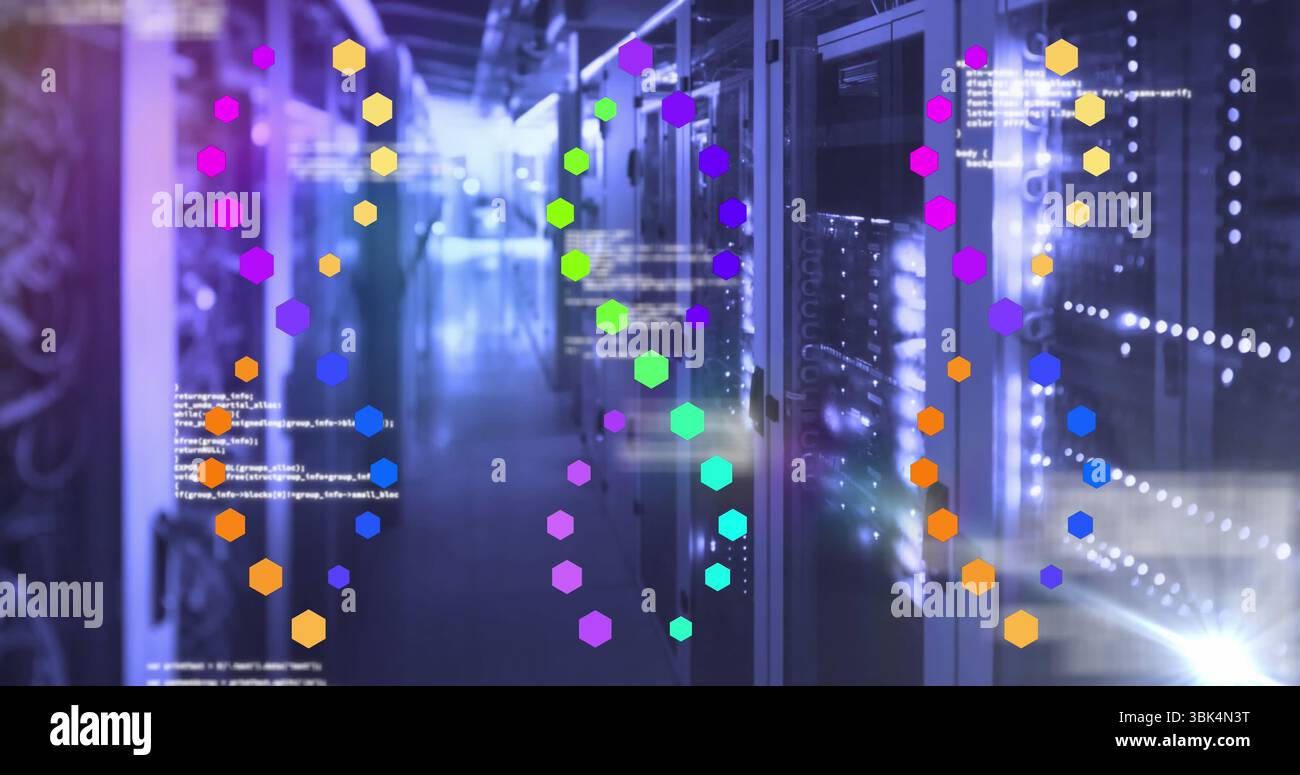 Showing rack-mounted servers displaying LED lights in data center ...