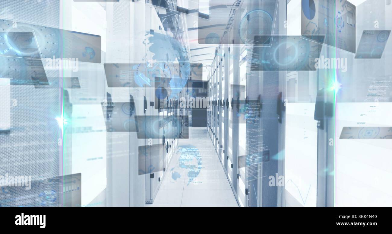 Displaying floating holographic screens over data center corridor with server racks and cable ...