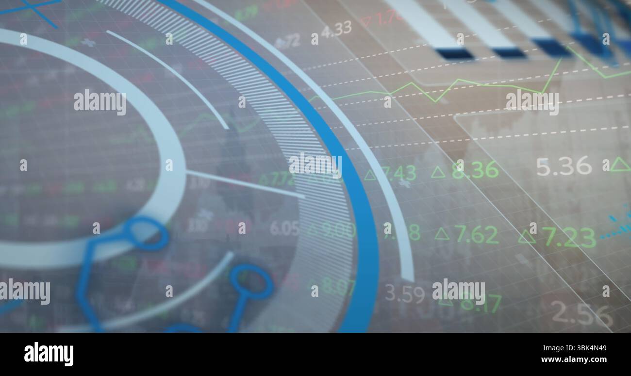 Circular blue gauge overlaying translucent grid in finance UI, with ...