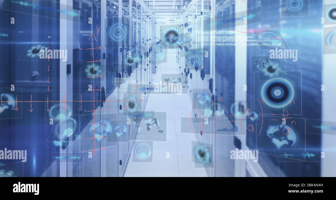 Showcasing central corridor of server racks featuring holographic HUD ...