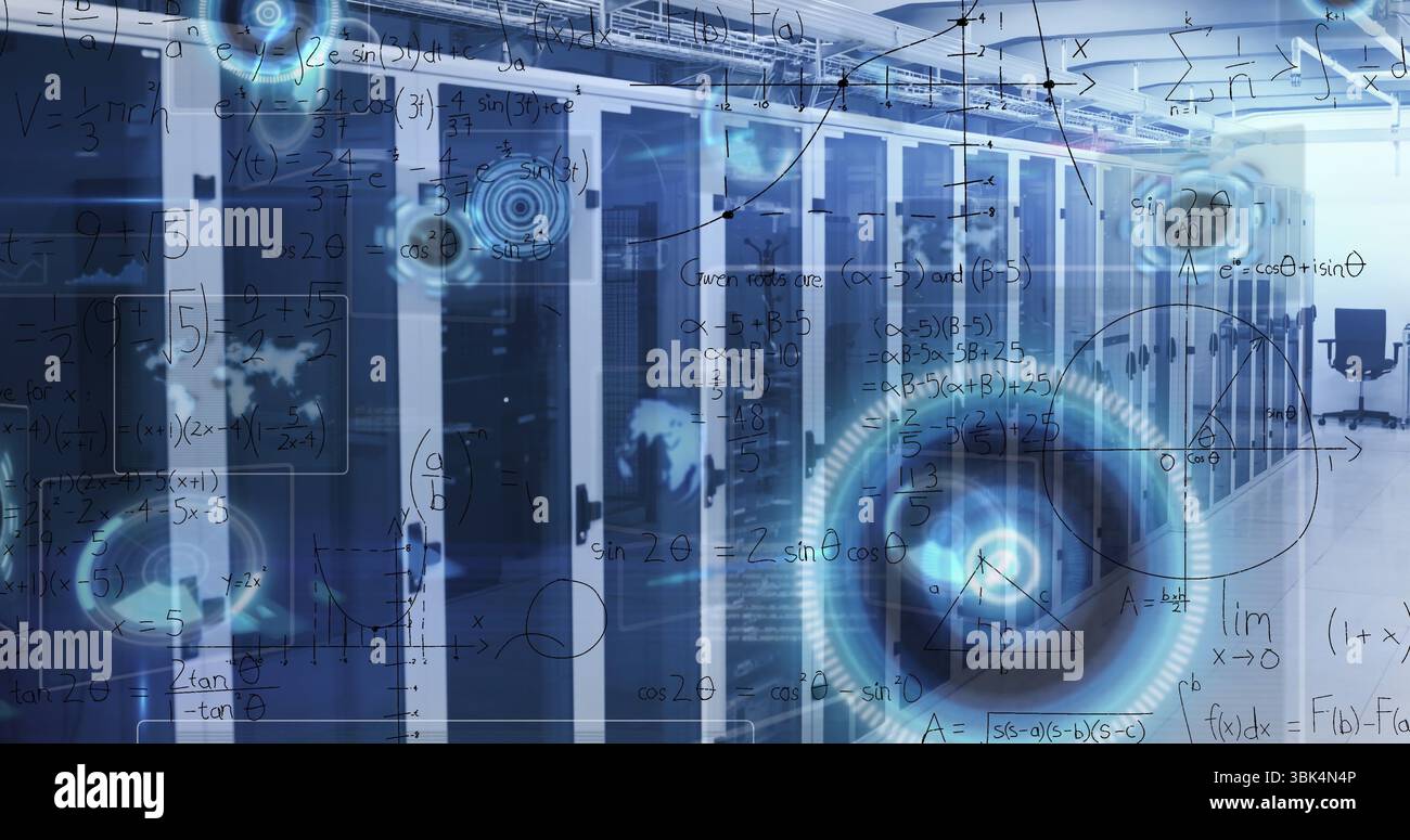 Central row of server racks glowing in data center corridor with cabling, trays, data overlays ...