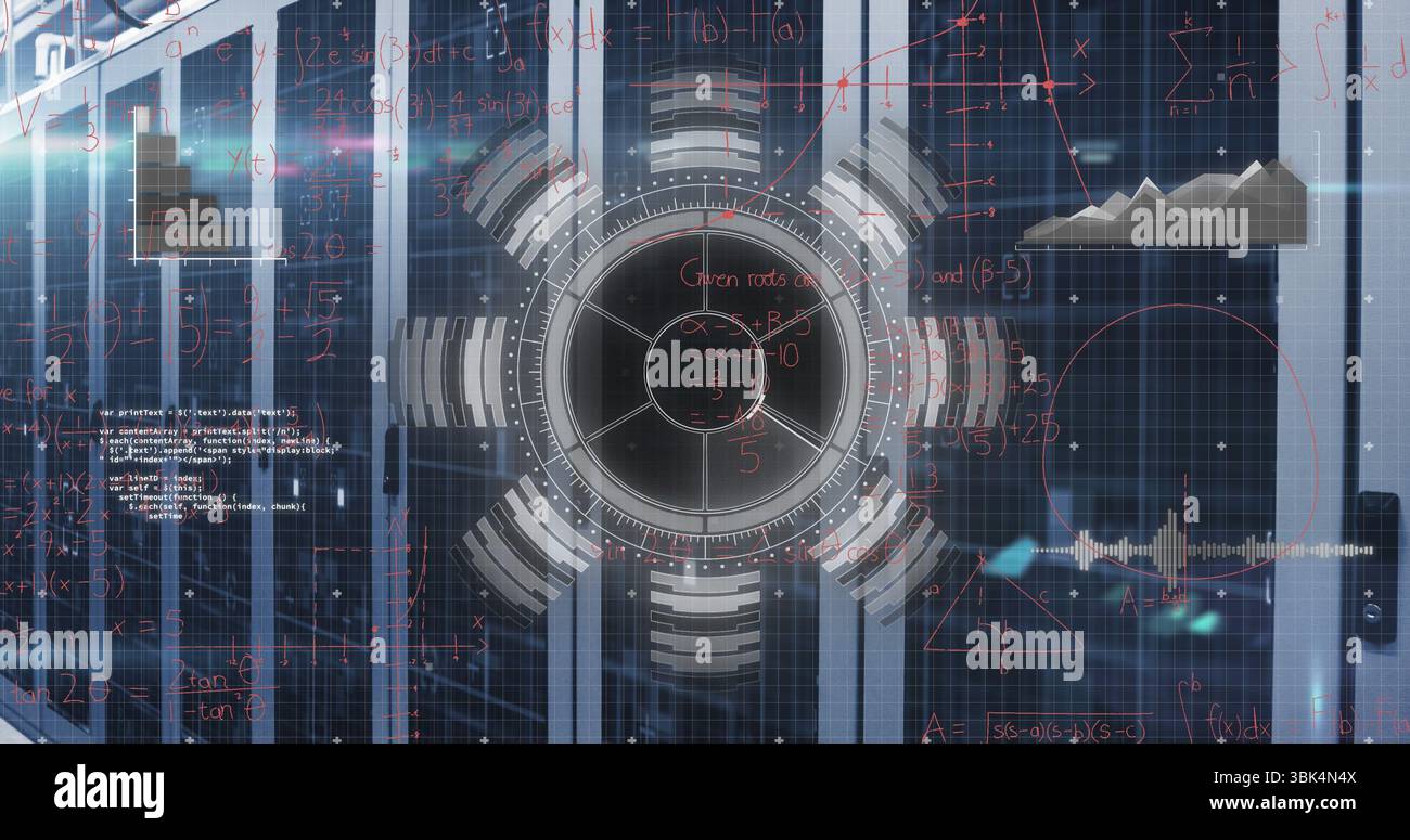 Displaying circular HUD interface overlaying server rack rows with red ...