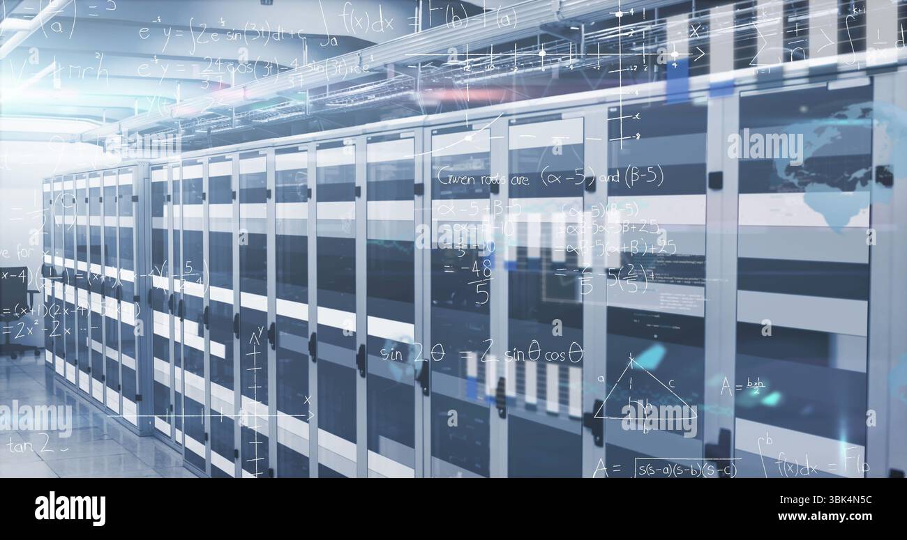 Displaying server racks glowing in data center aisle, with LED lights and math equation overlays ...