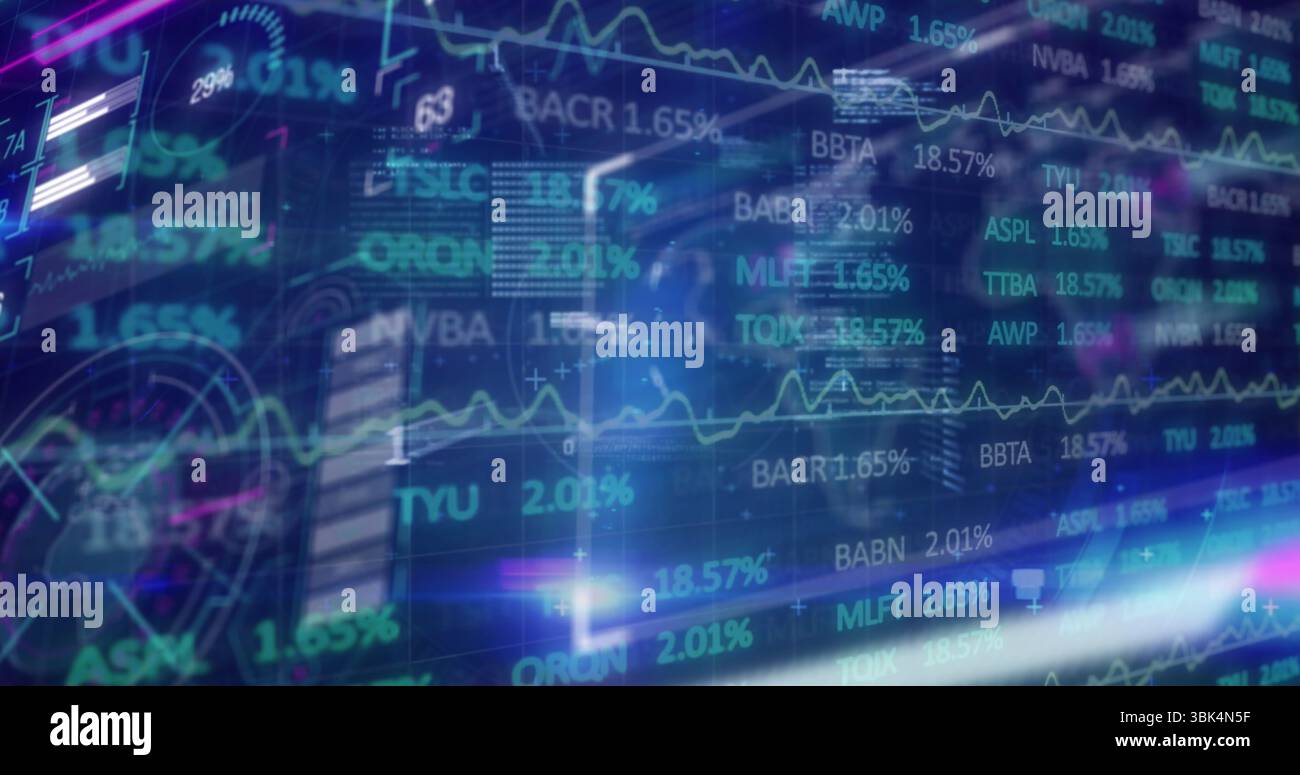 Scrolling ticker symbols, percentages and line charts on trading desk ...