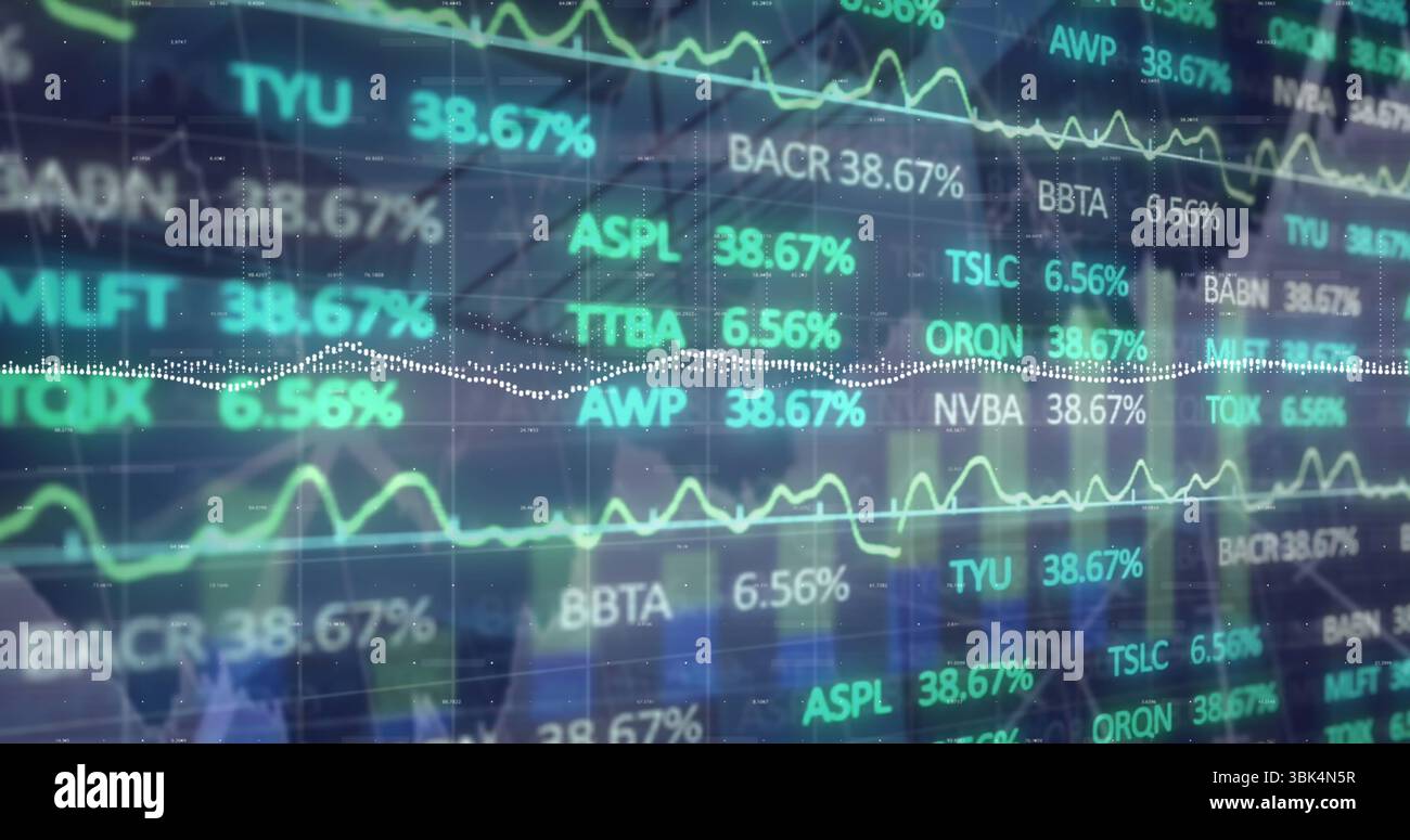 Displaying transparent stock screen at trading floor, with tickers ...