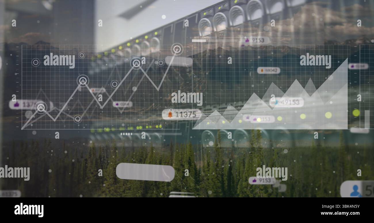 Displaying digital graphs and glowing LEDs across server racks in data ...
