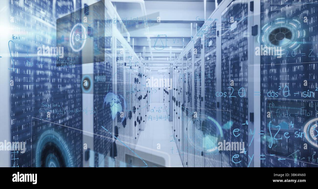 Streaming digital data through server corridor in data center, with server racks flashing LEDs ...