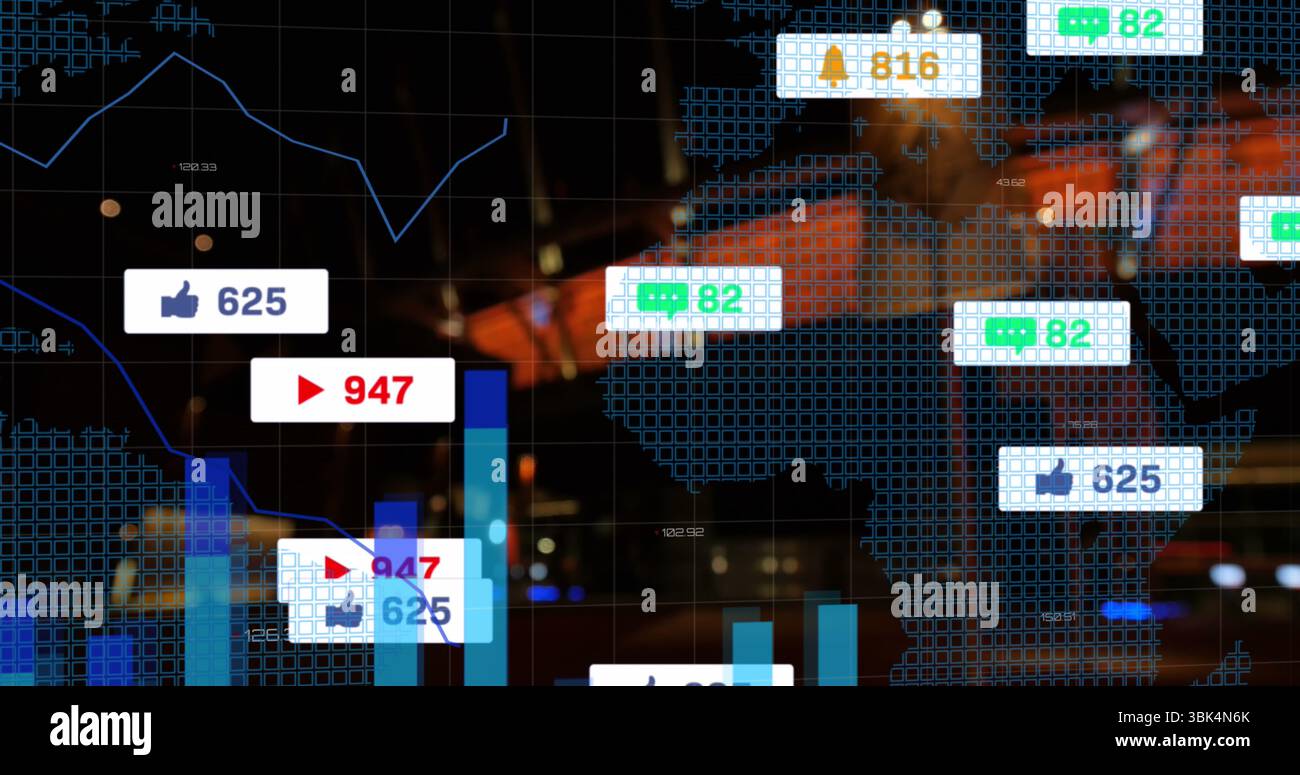 Displaying dashboard at control hub with world map grid, bar and line charts, social media icons ...