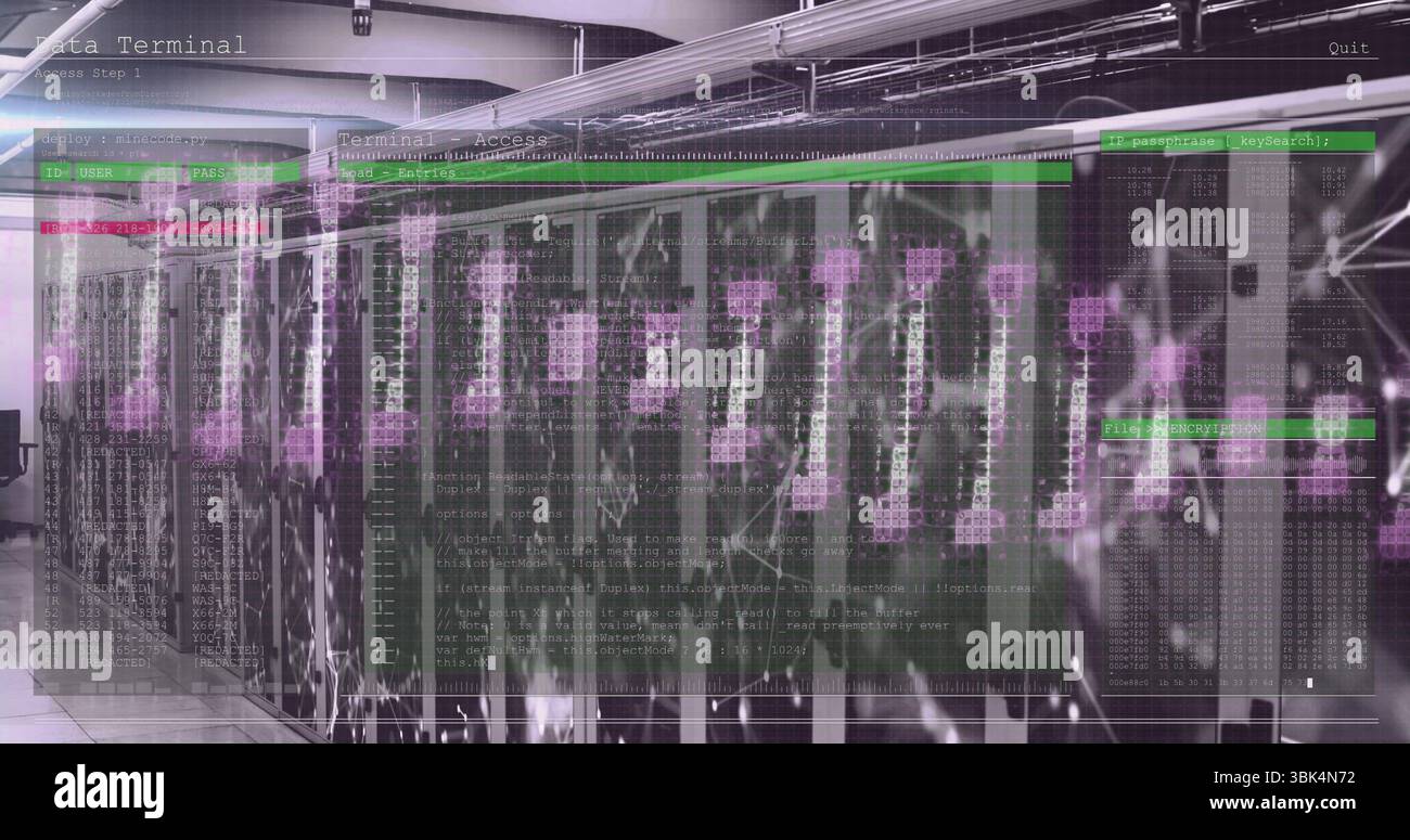 Displaying code overlay across server racks lining data center aisle ...