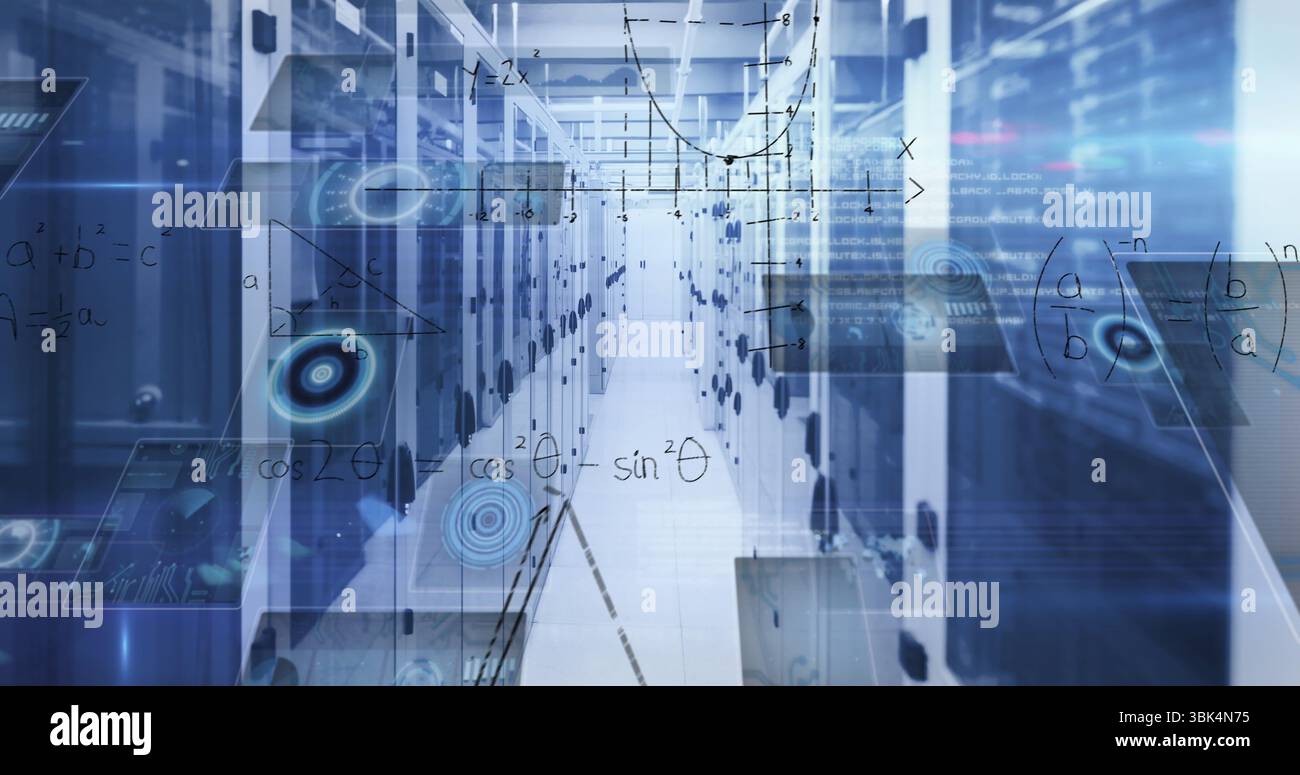 Glowing server racks with perforated doors displaying holographic overlays in data center ...