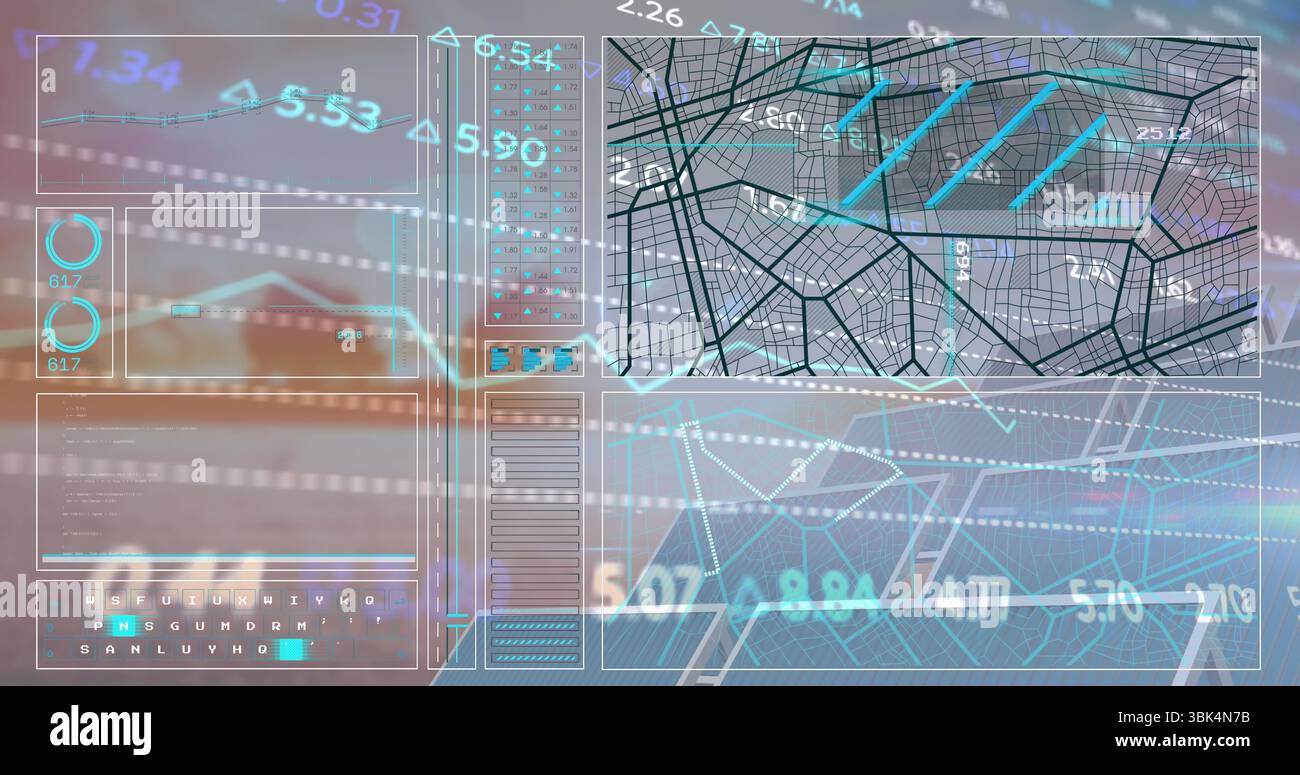 Displaying translucent digital dashboard overlay on office view, with line charts and map grid ...